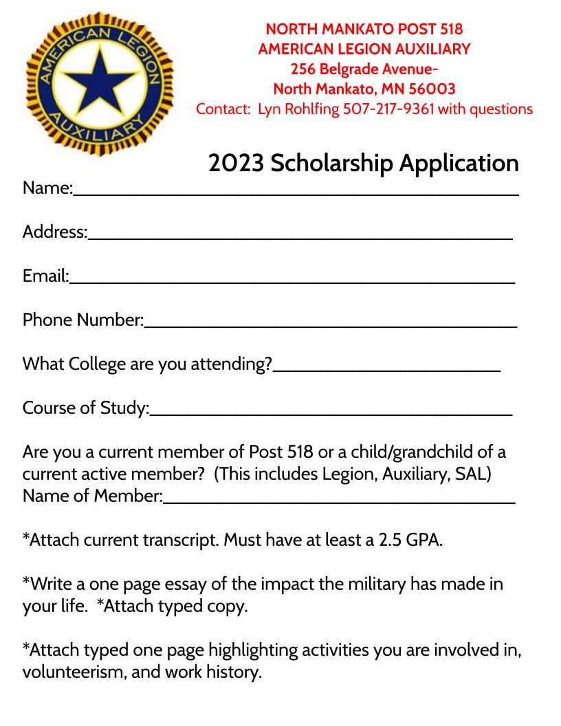 2023 Scholarship Application – North Mankato Post 518