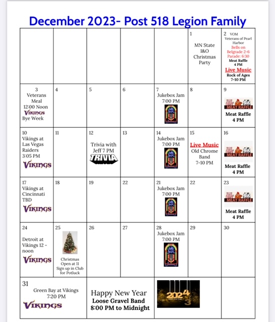 December 2023 Calendar – North Mankato Post 518