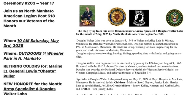 May Veteran of the Month Ceremony – North Mankato Post 518